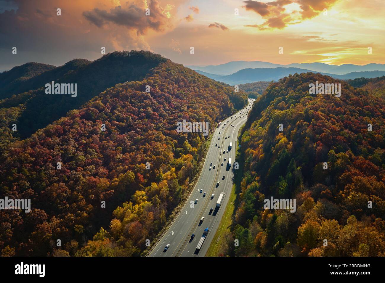 Aerial view of I-40 freeway in North Carolina heading to Asheville ...