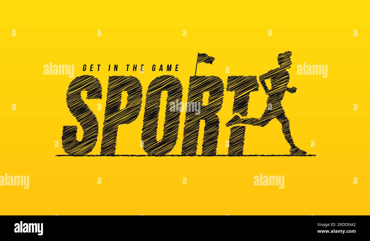 Sport scribble text with runner on yellow background, Hand drawn sport ...
