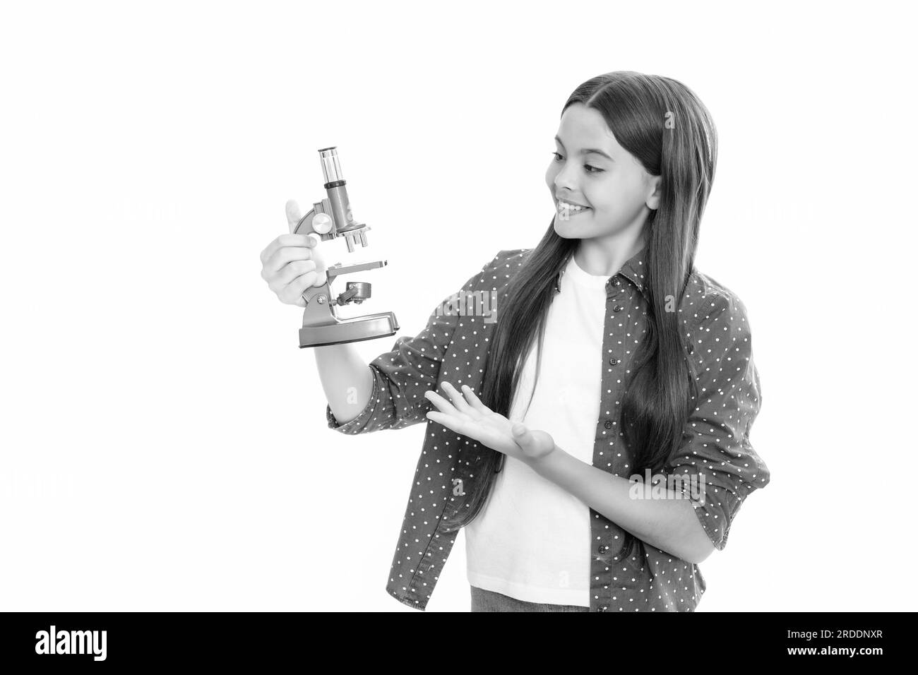 Child study bilogy lesson. Teenage school girl with microscope. Back to ...