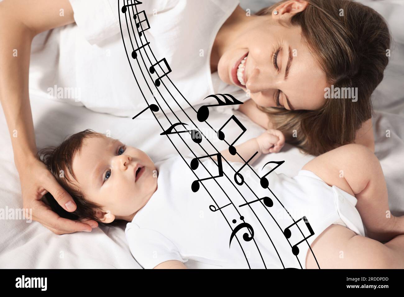Mother singing lullaby to her sleepy baby on bed. Illustration of ...