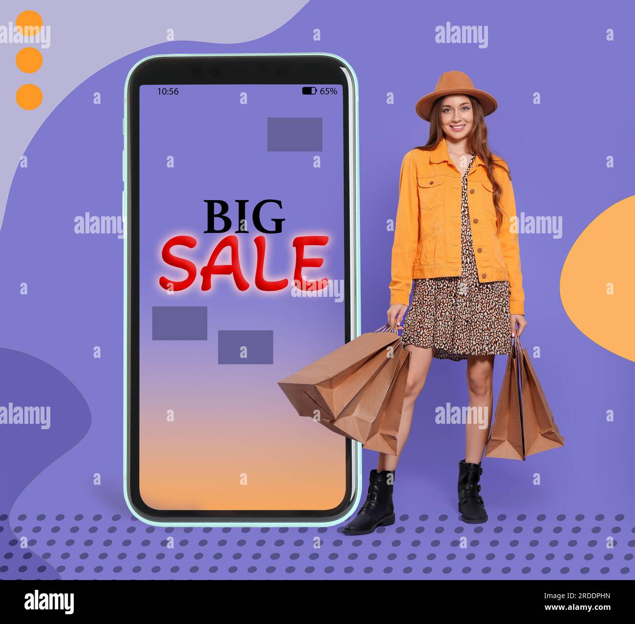 Sale flyer design. Happy stylish woman with shopping bags and huge ...