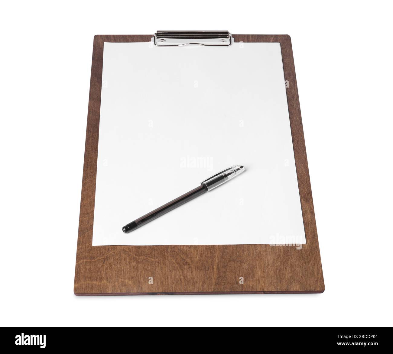 Wooden clipboard with sheet of paper and pen isolated on white. Space ...