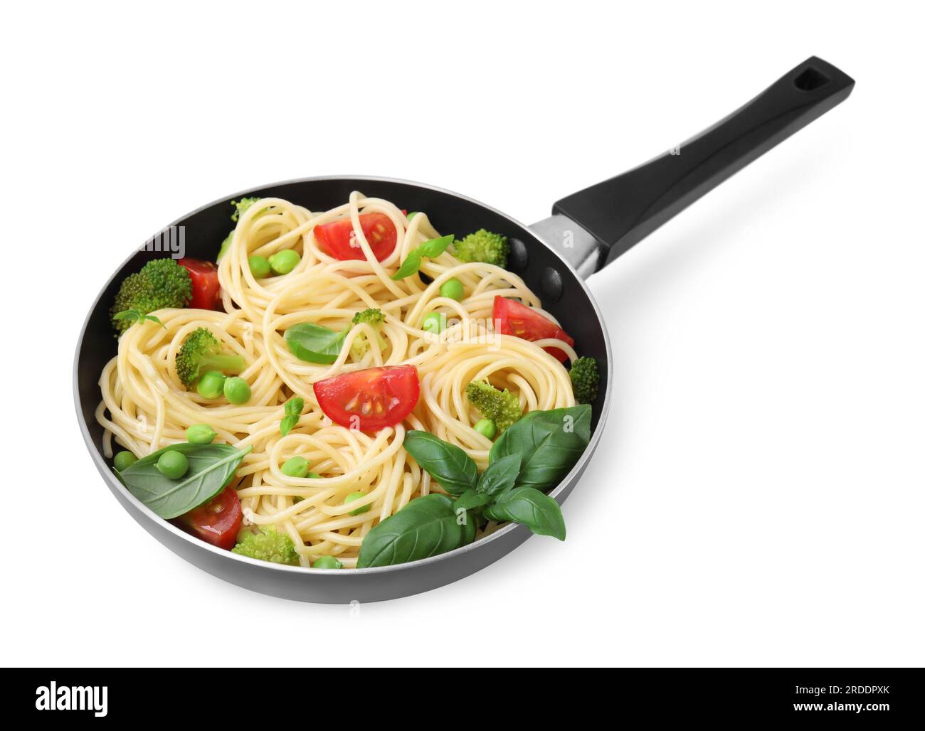 Delicious pasta primavera in frying pan isolated on white Stock Photo ...