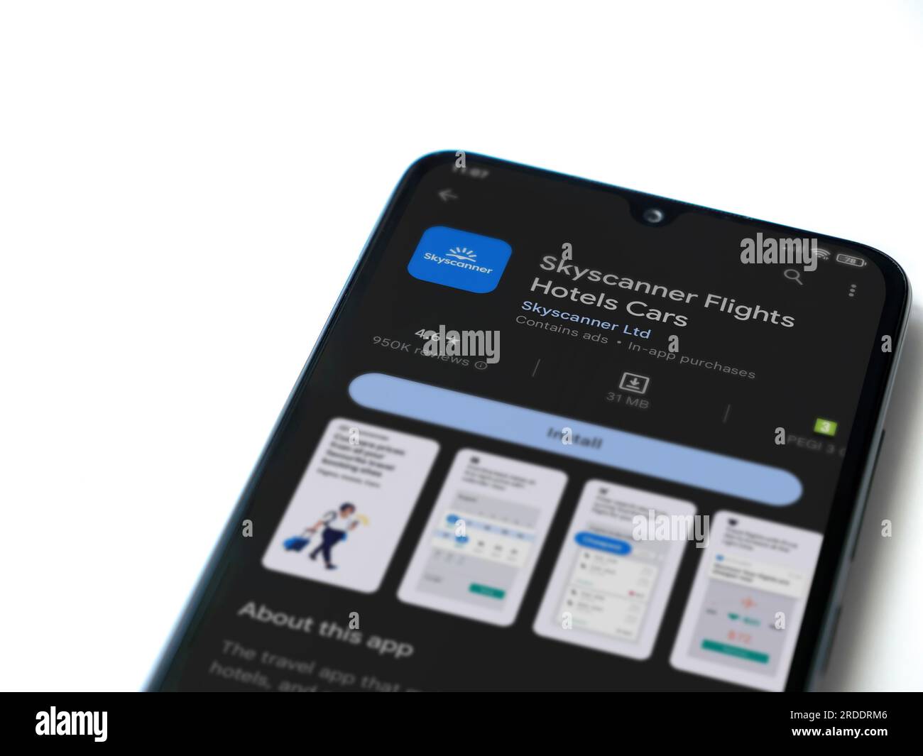 Lod, Israel - July 16,2023: Skyscanner app play store page on smartphone on white background ...