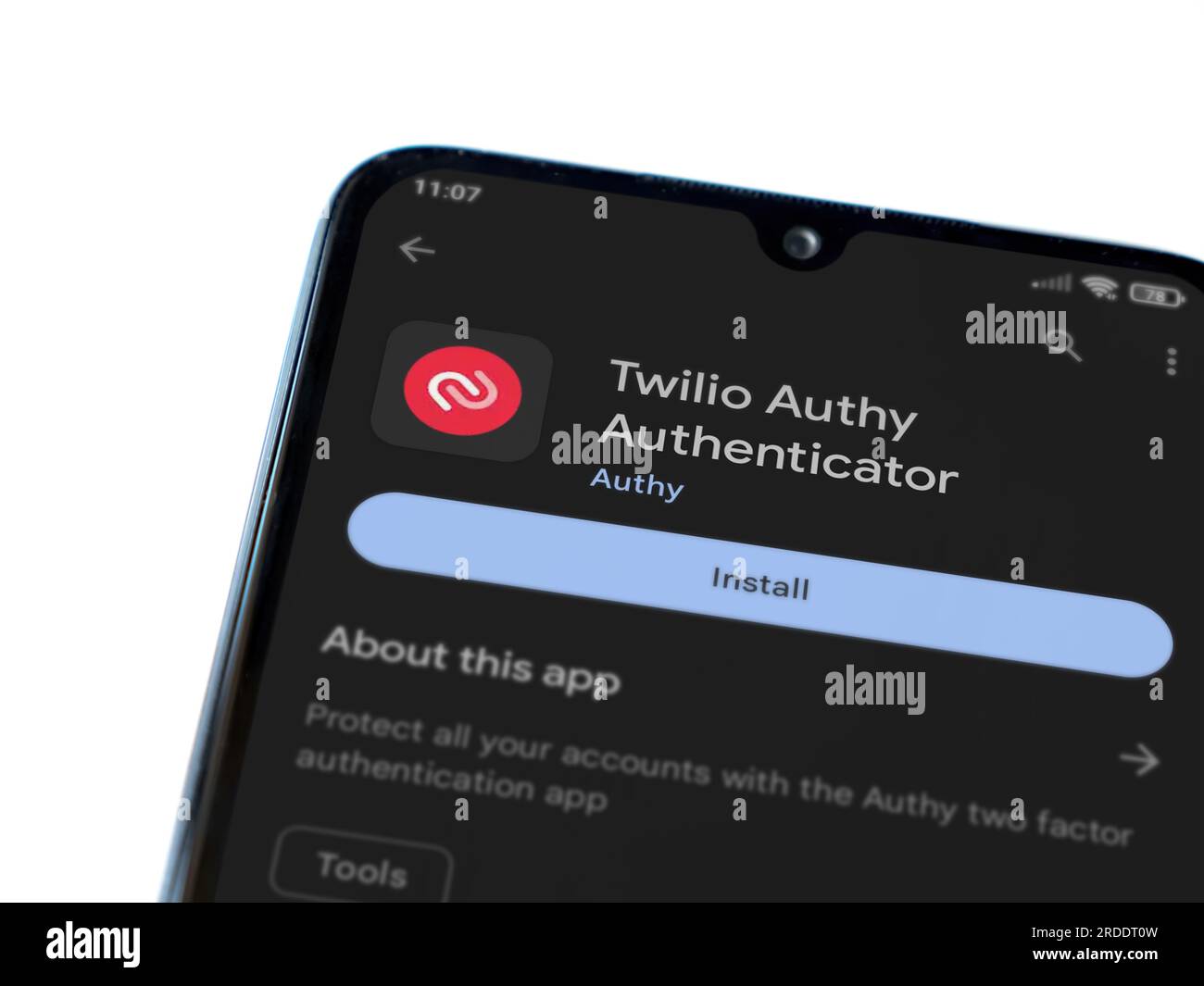 Lod, Israel - July 16,2023: Twilio Authy Authenticator app play store page on smartphone on ...
