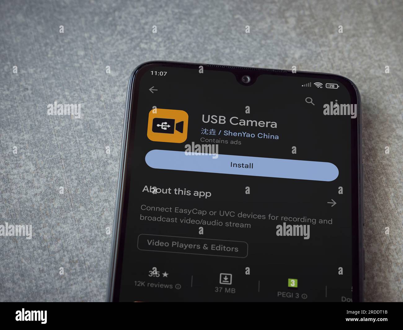 Lod, Israel - July 16,2023: USB Camera app play store page on smartphone on ceramic stone ...