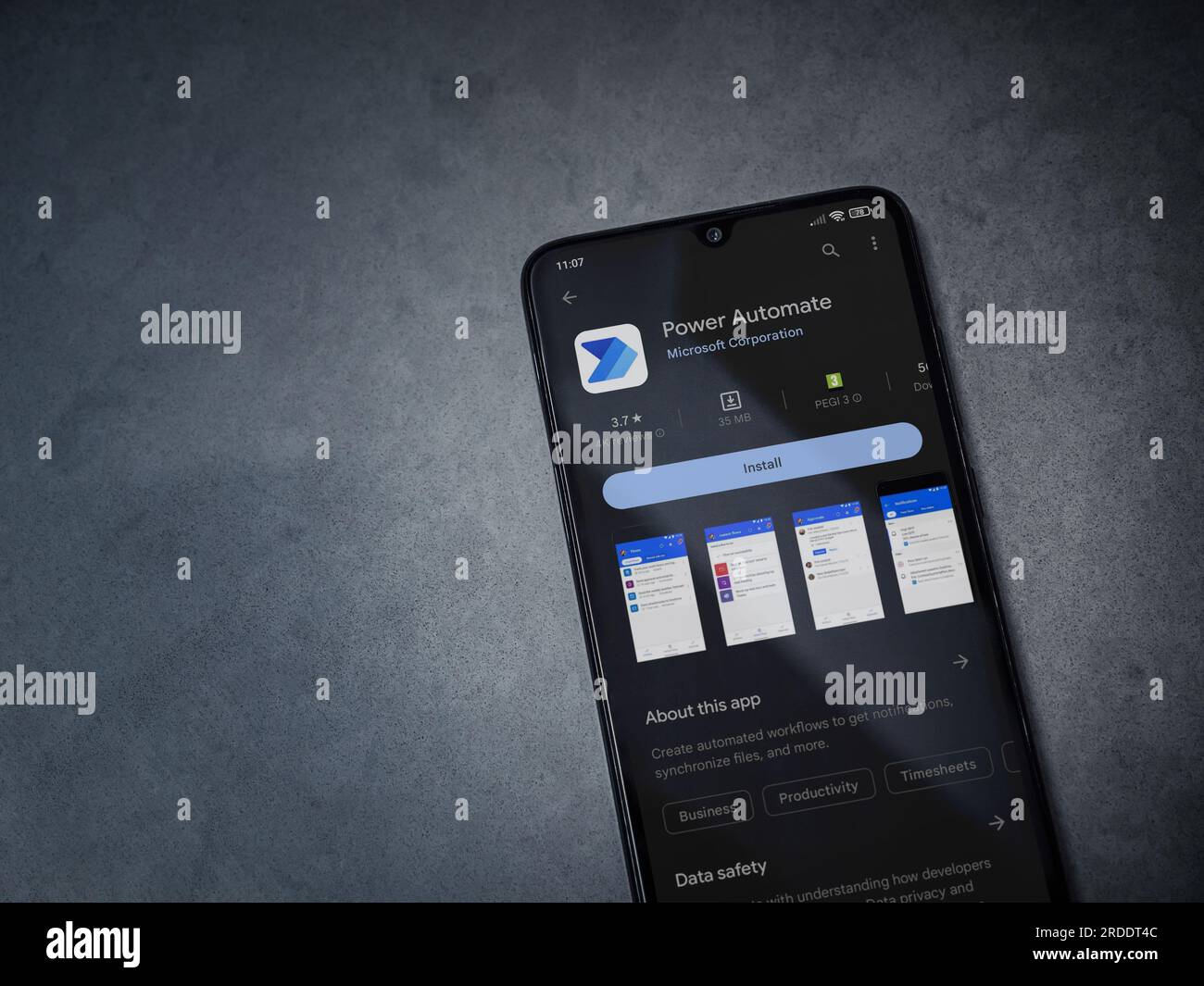 Lod, Israel - July 16,2023: Power Automate app play store page on smartphone on a dark marble ...