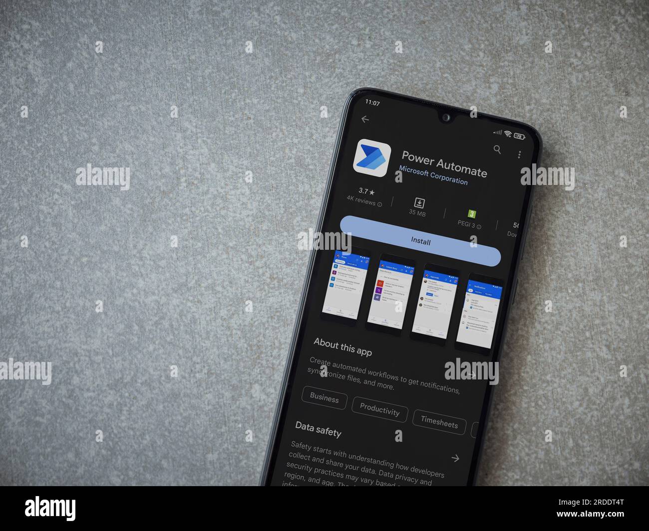 Lod, Israel - July 16,2023: Power Automate app play store page on smartphone on ceramic stone ...