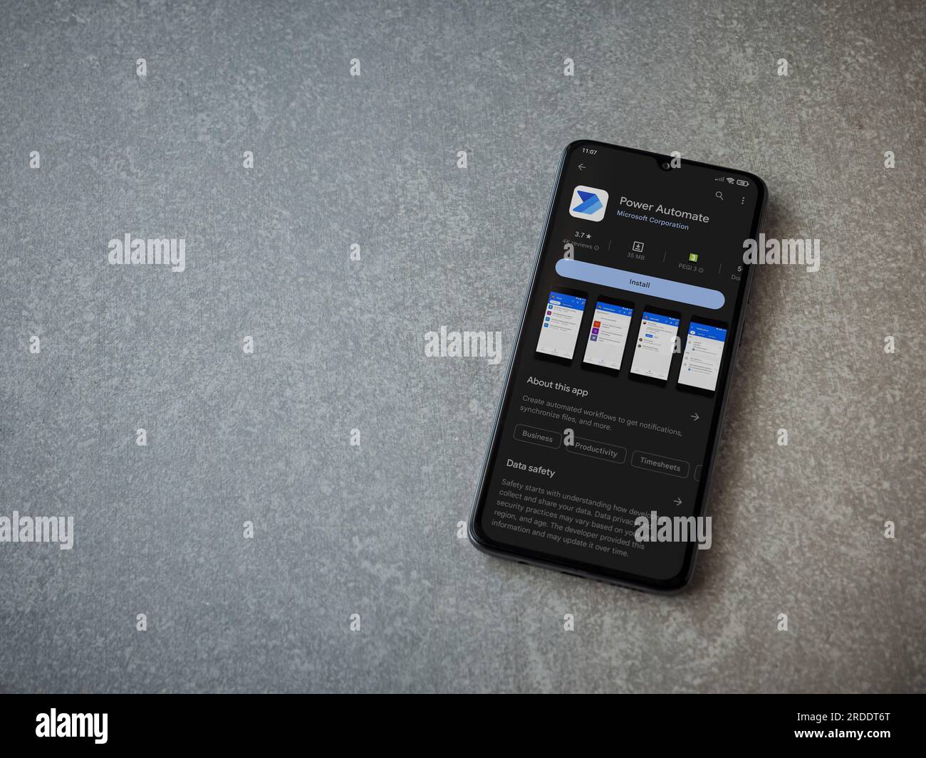 Lod, Israel - July 16,2023: Power Automate app play store page on smartphone on ceramic stone ...