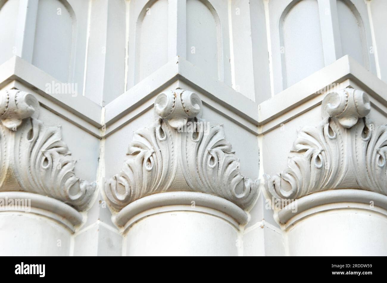 Details of church building includes scroll work and intricate pattern ...