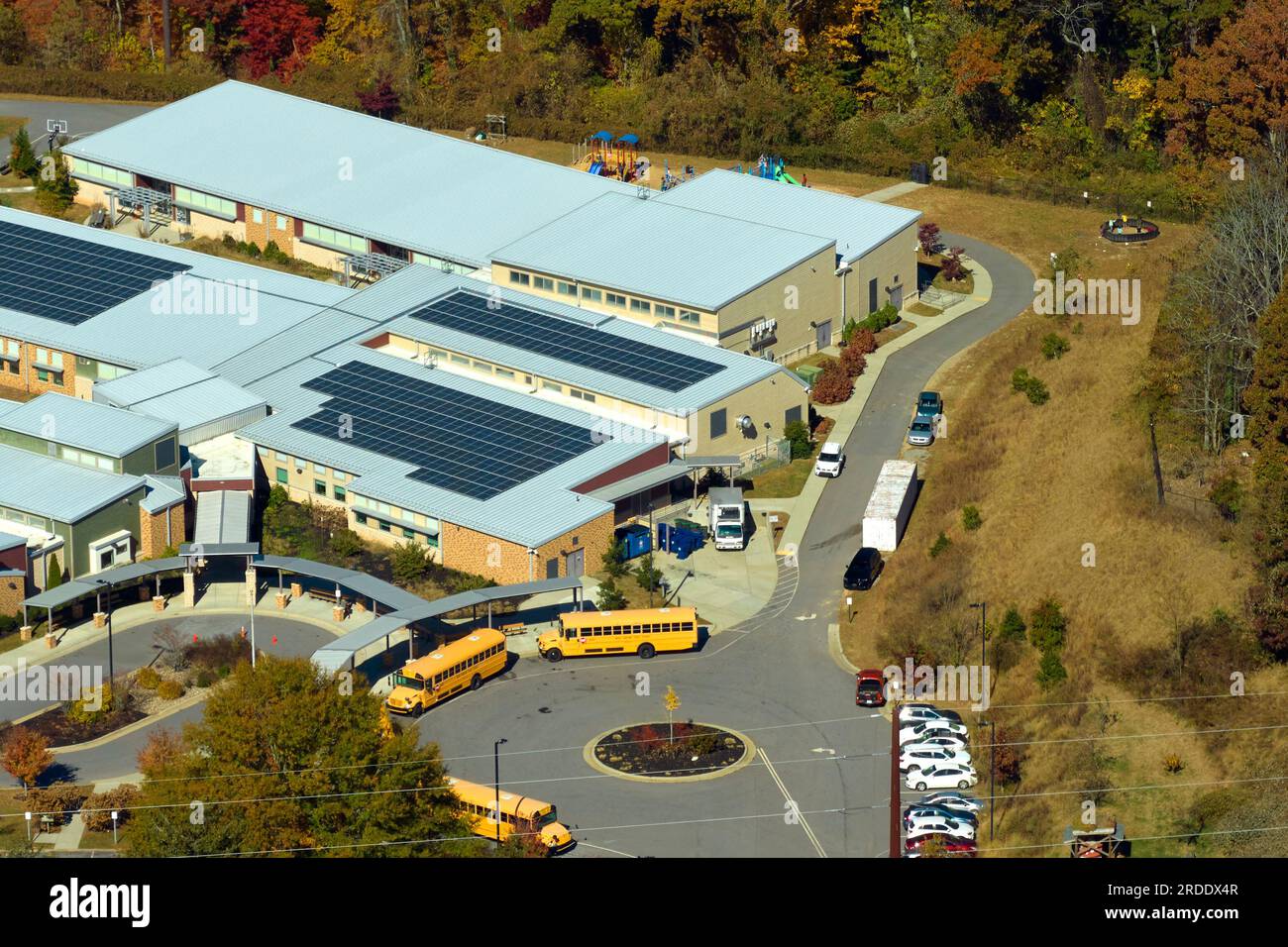 Roof of american school building covered with photovoltaic solar panels ...