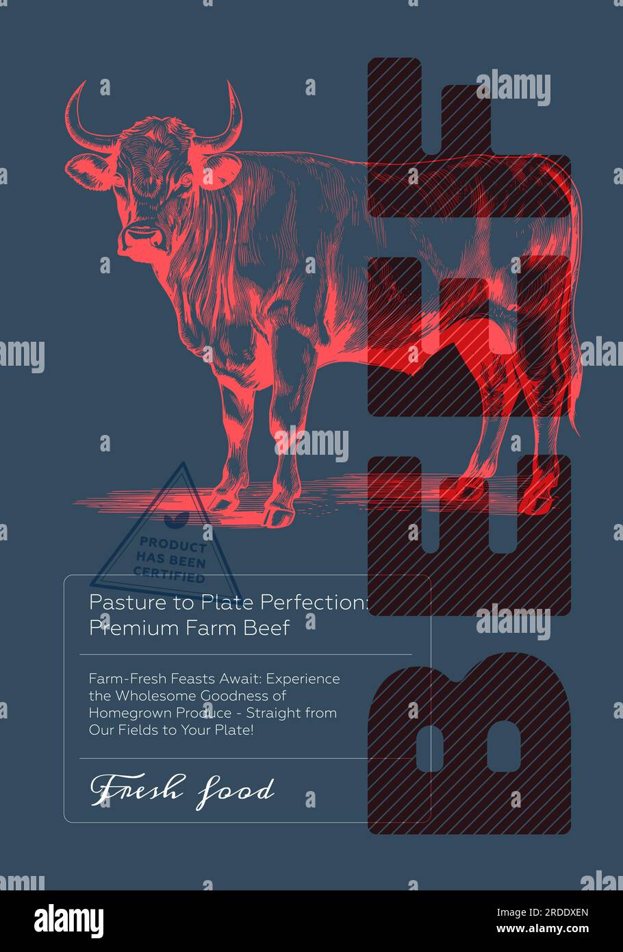 Beef shop poster. Vintage sketch cow stand on colored background ...