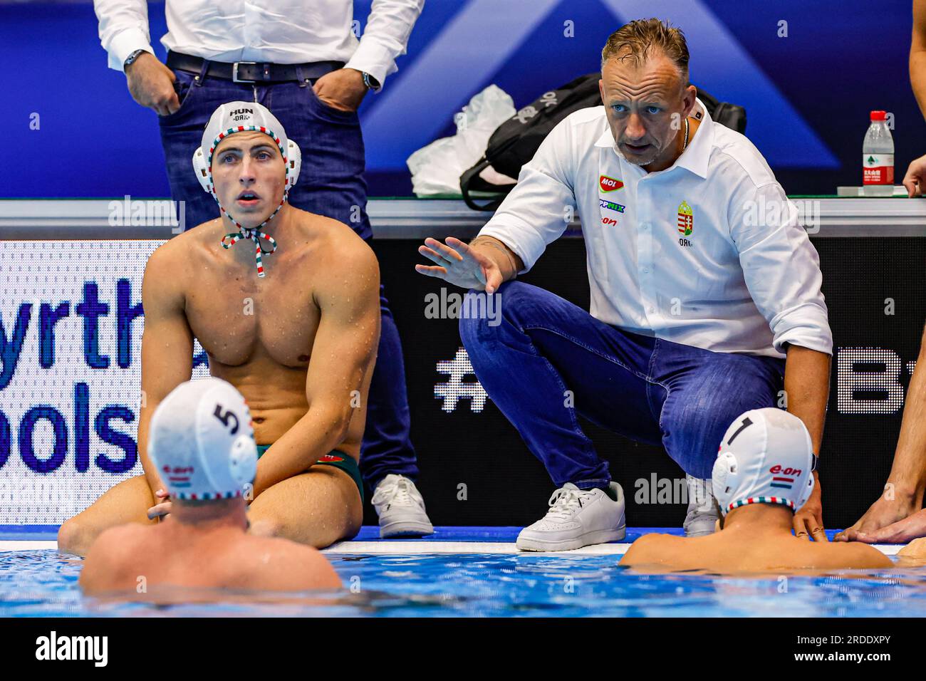 Fukuoka, Japan. 21st July, 2023. FUKUOKA, JAPAN - JULY 21: Marton Vamos of Hungary, headcoach ...