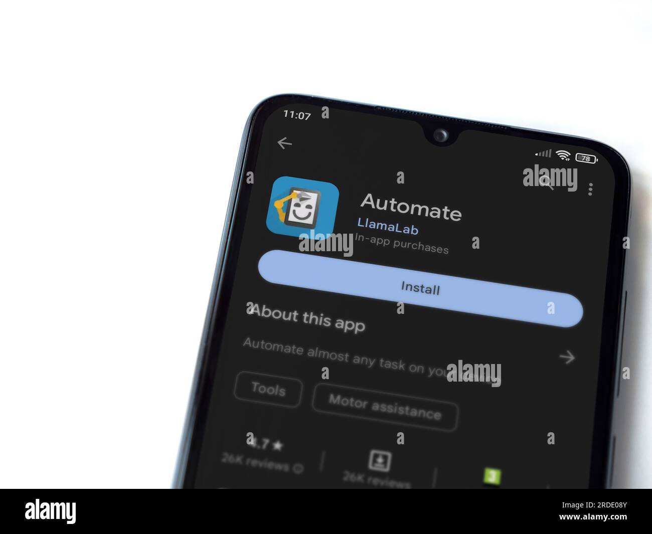 Lod, Israel - July 16,2023: Automate app play store page on smartphone on white background. Top ...