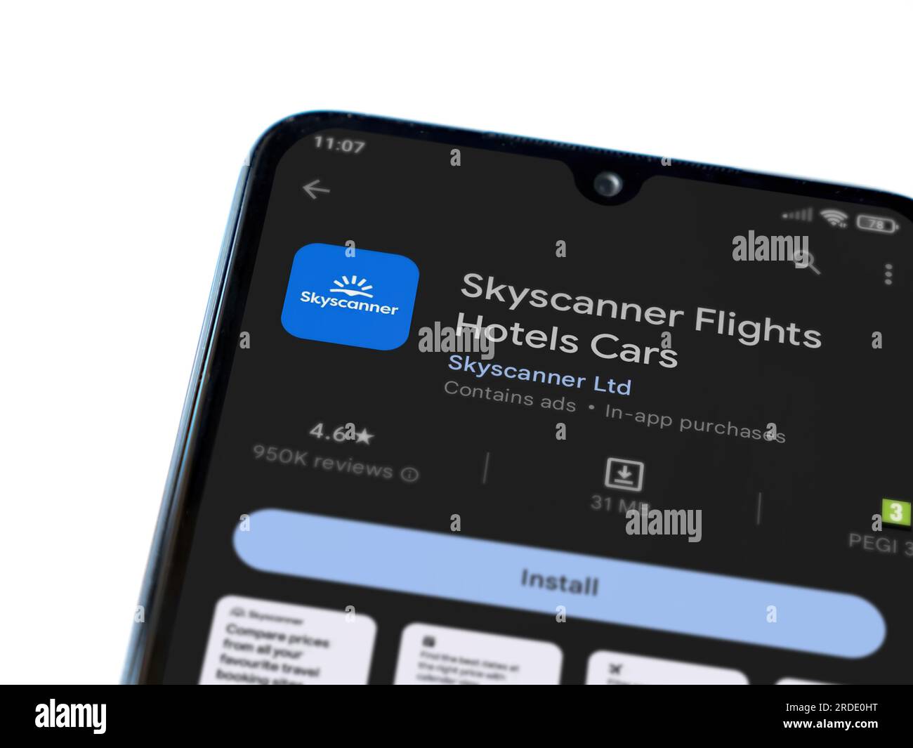 Lod, Israel - July 16,2023: Skyscanner app play store page on smartphone on white background ...