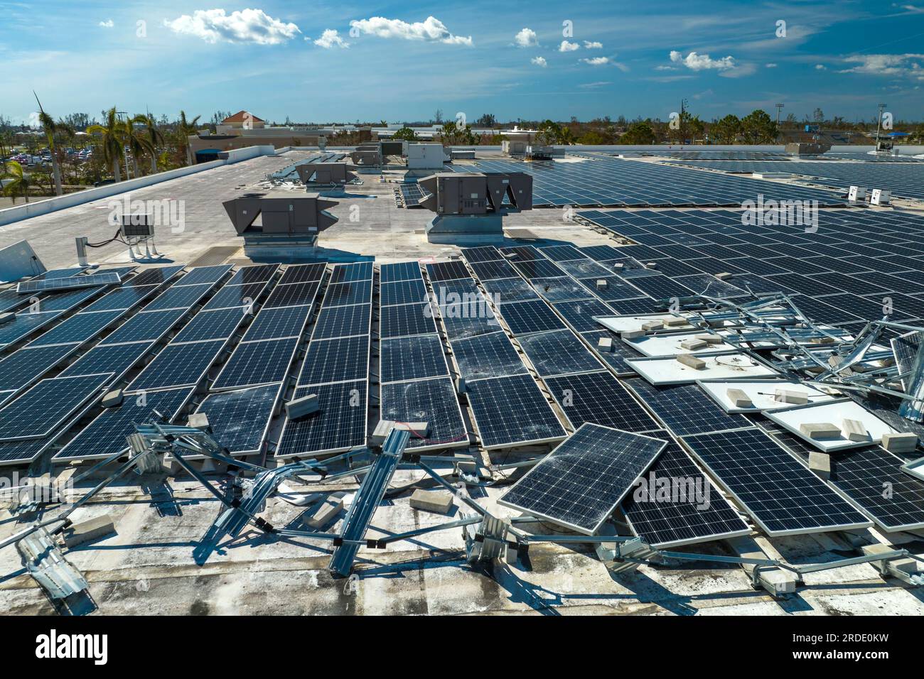 Broken down photovoltaic solar panels destroyed by hurricane Ian winds ...