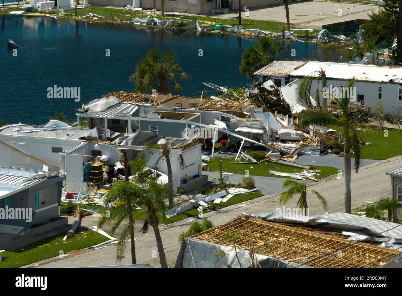 Collapsed and damaged mobile homes after hurricane Ian swept through ...