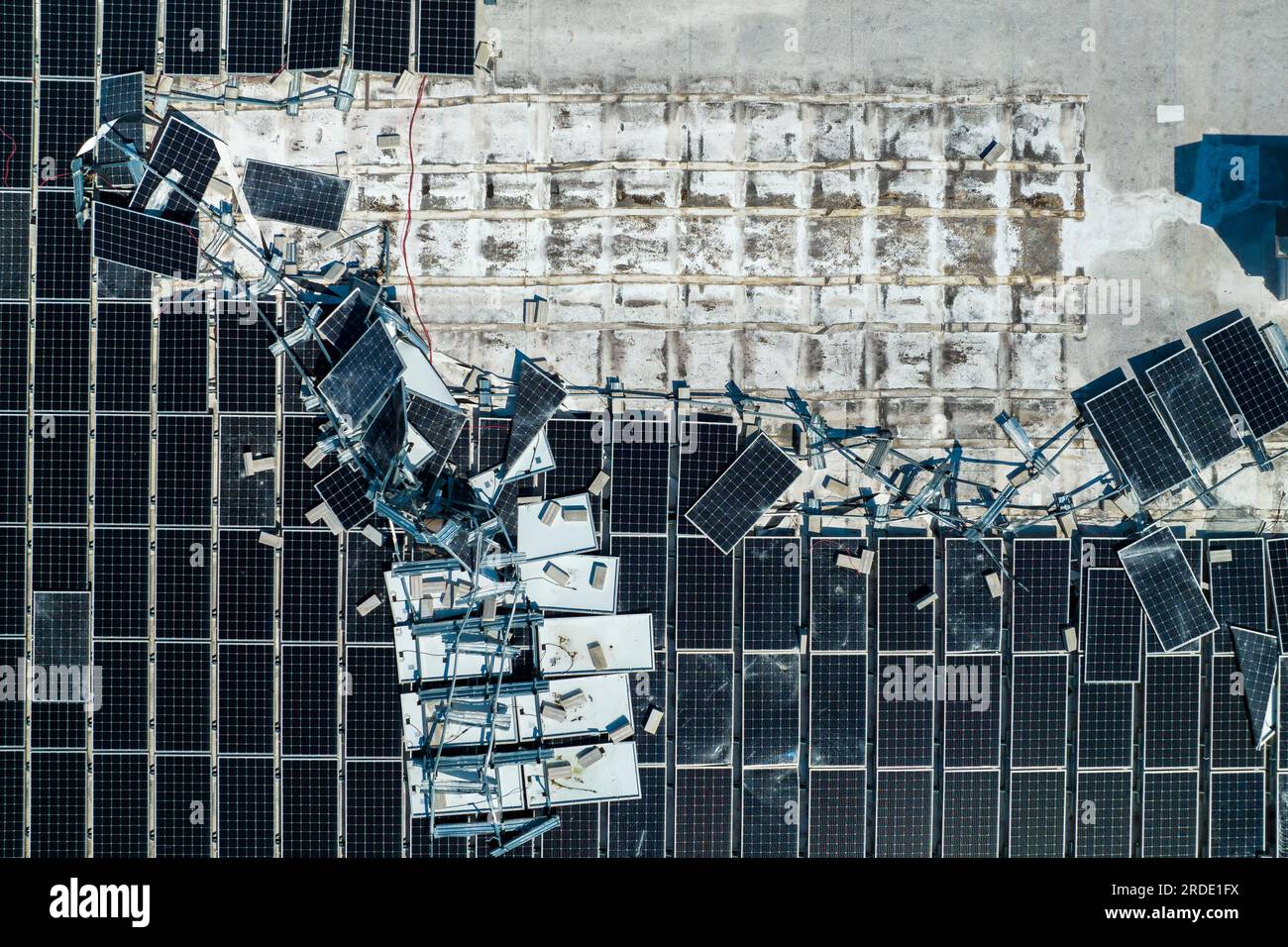 Top view of destroyed by hurricane Ian photovoltaic solar panels ...