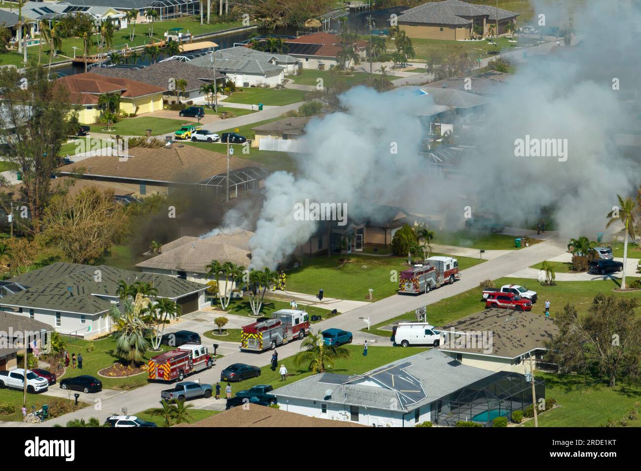 View from above of burning private house on fire and firefighters ...