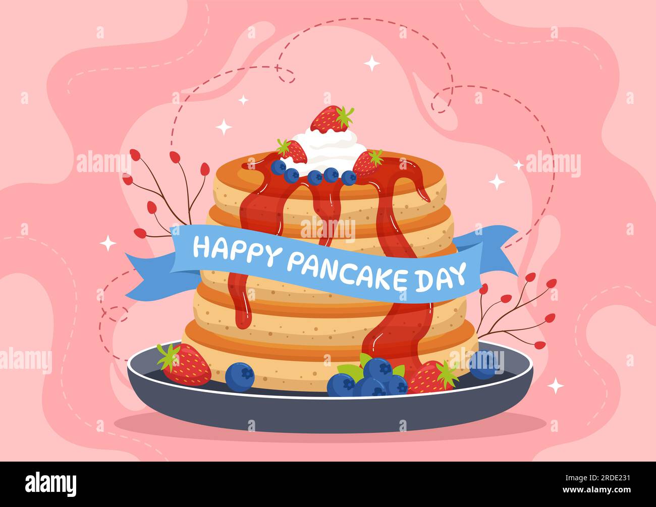 Pancake Day Vector Illustration a Plate of Pancakes Topped with Syrup, Cherries and Blueberries ...