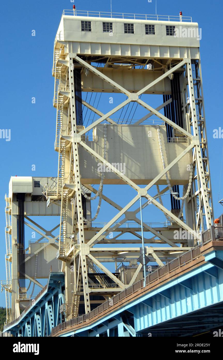 Closeup of Portage Lake Lift Bridge with twin towers and counter ...
