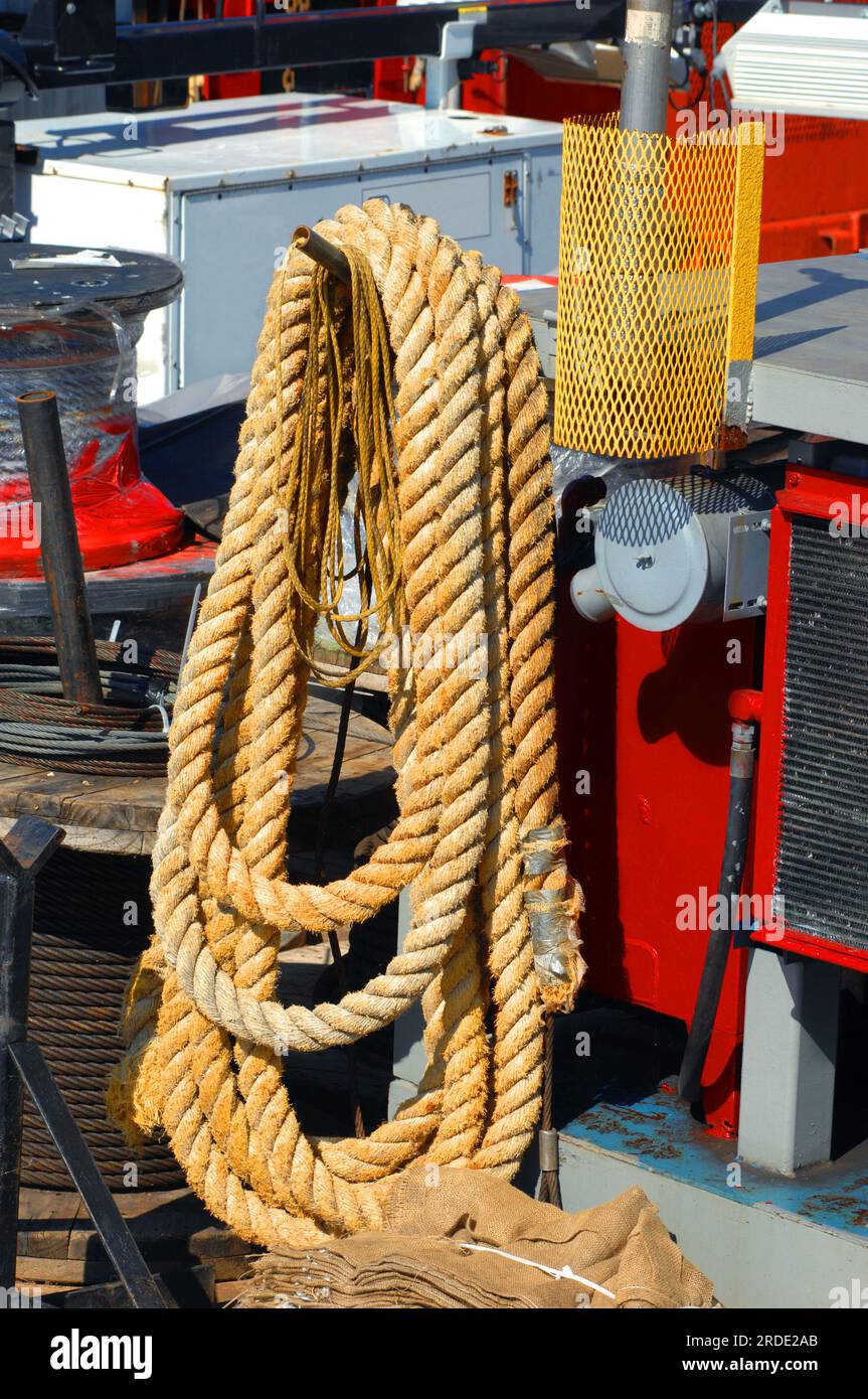 Hook and weights hang ready for use on a tugboat docked at Houghton ...
