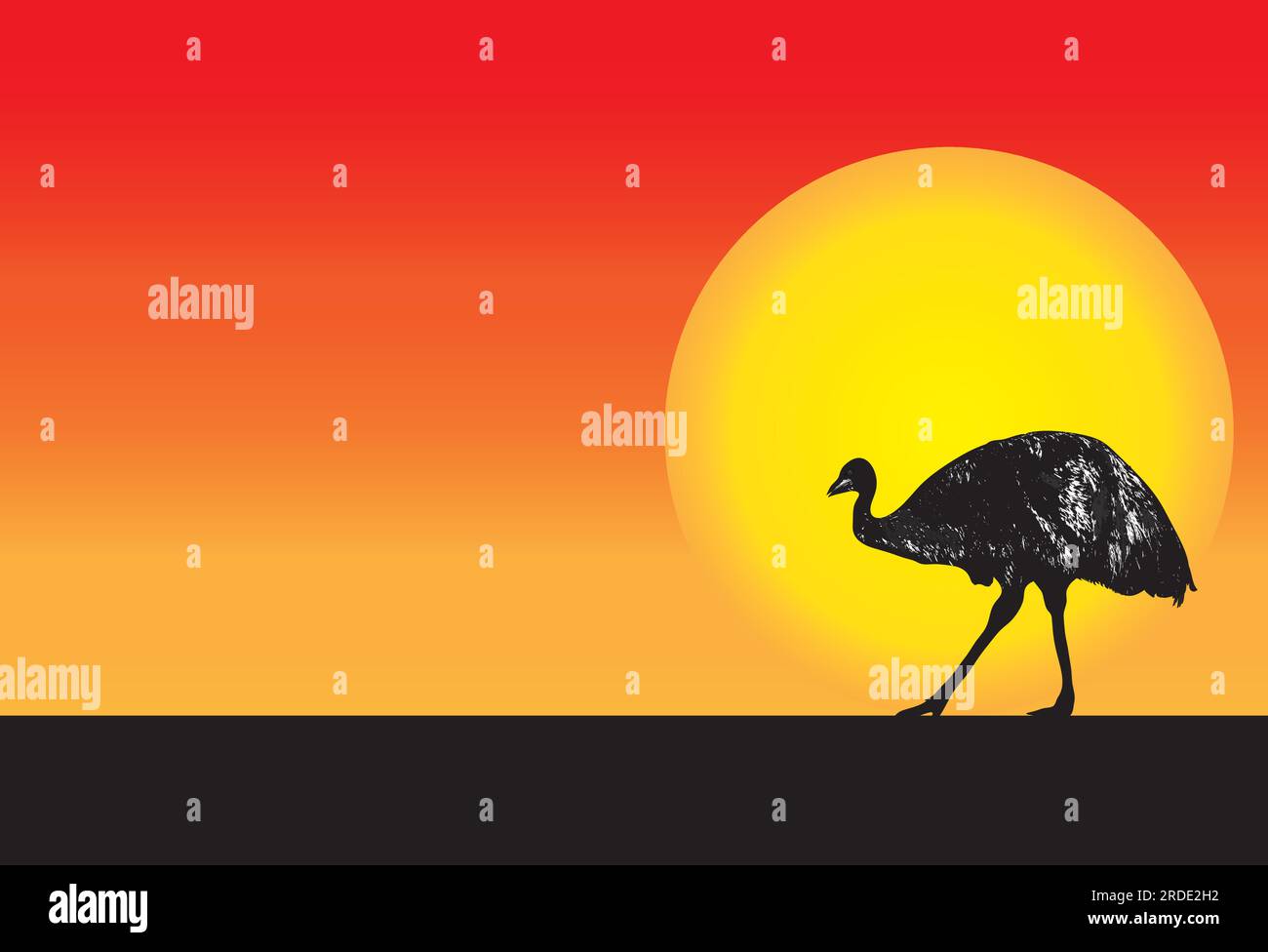One large Australian emu silhouette with the moon and orange background ...