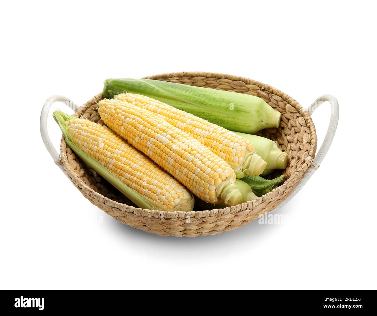 Wicker basket with fresh corn cobs on white background Stock Photo - Alamy