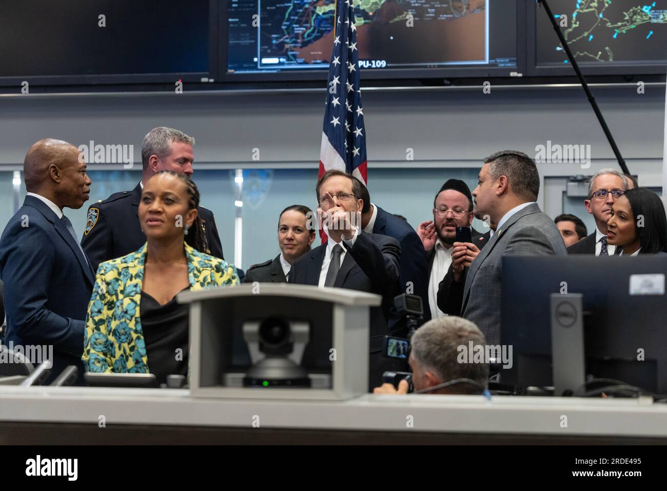 Mayor Eric Adams, Isaac Herzog, Edward Caban seen during visit by ...