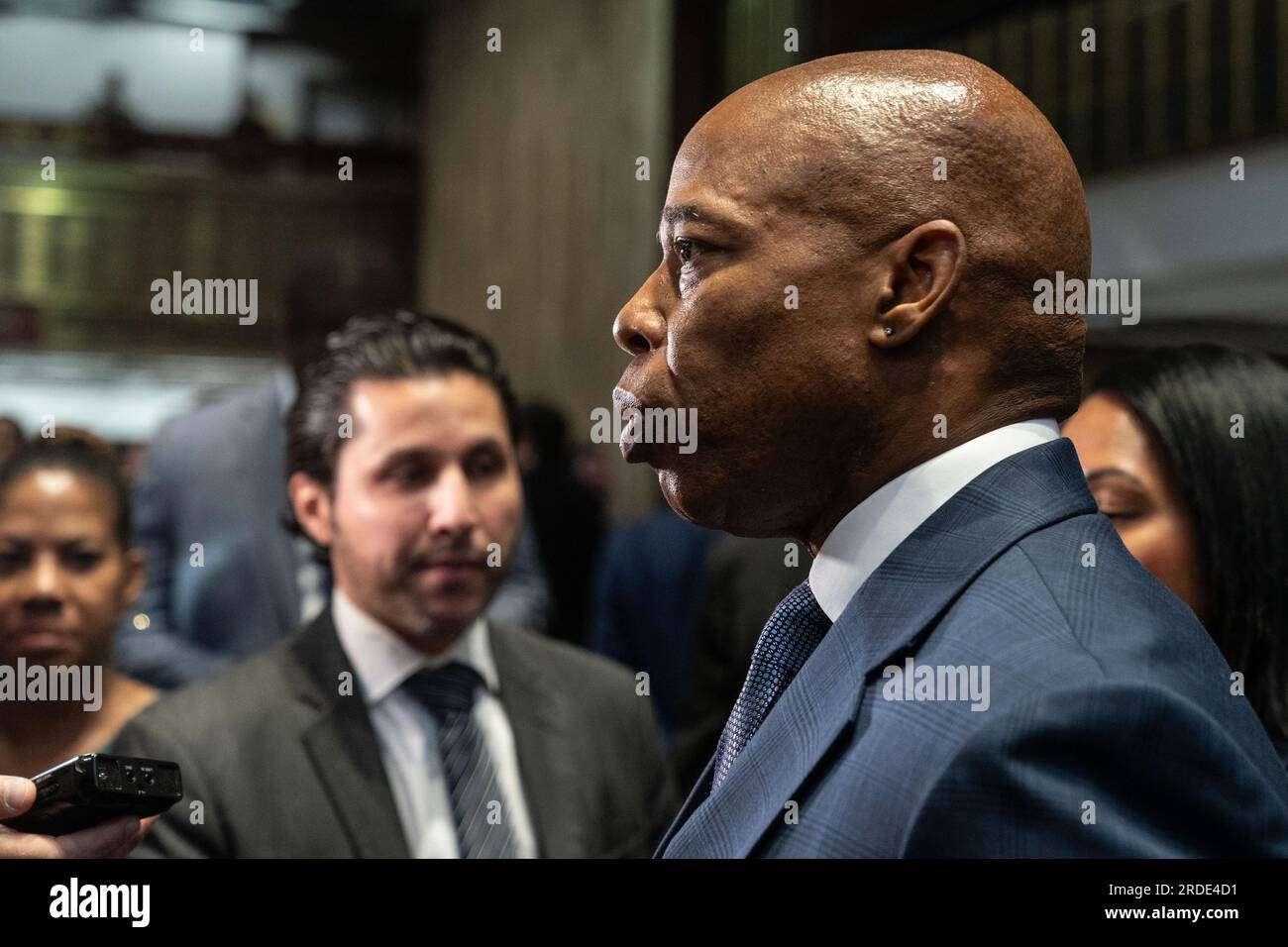 Mayor Eric Adams speaks with press on the visit by President of Israel ...