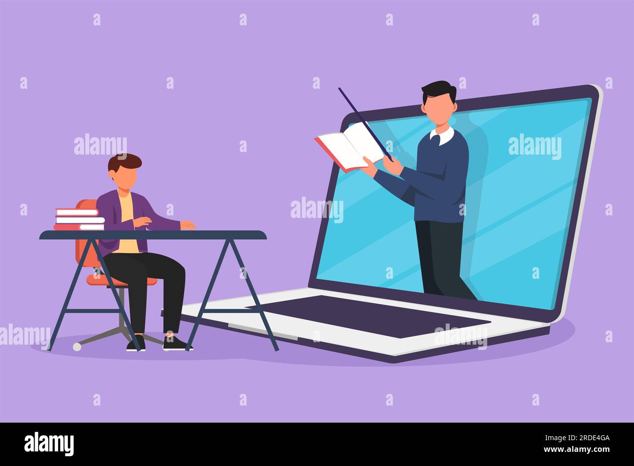 Graphic flat design drawing male student sitting on chair with desk ...