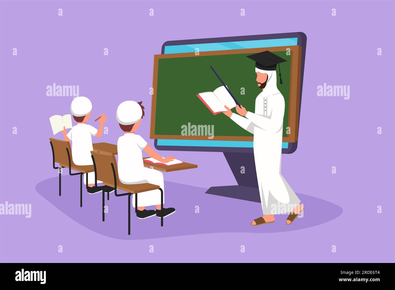 Cartoon flat style drawing Arab male teacher standing in front of ...
