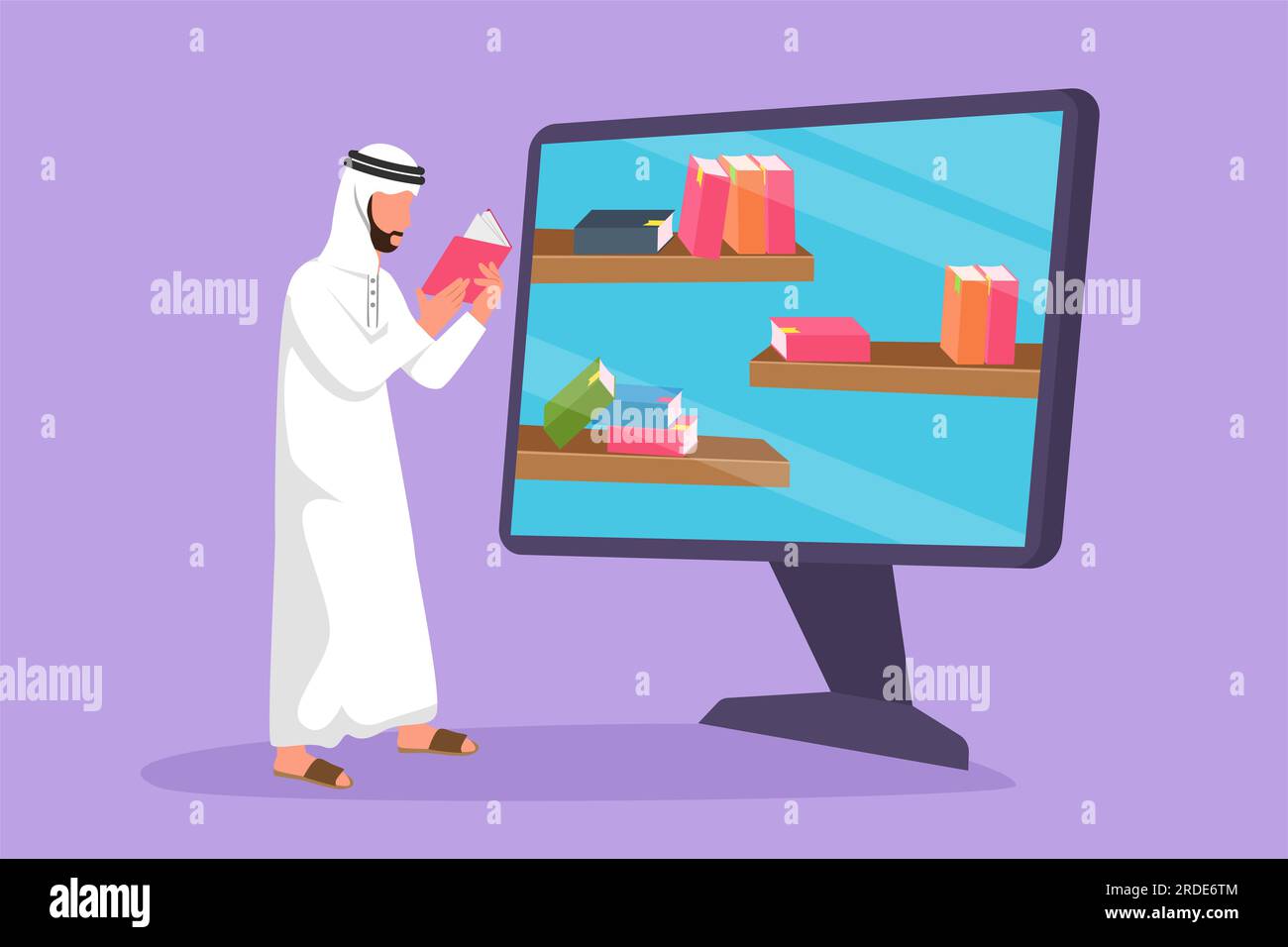 Character flat drawing young Arab male student reading book while ...