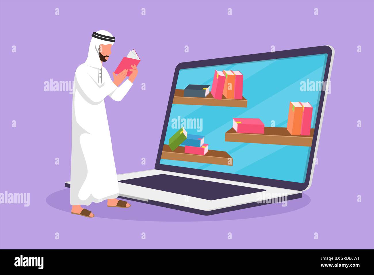 Character flat drawing young Arab man college student reading book ...