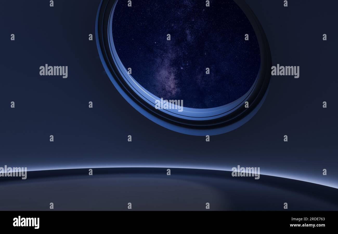 Empty room with round window at night, 3d rendering. Digital drawing ...
