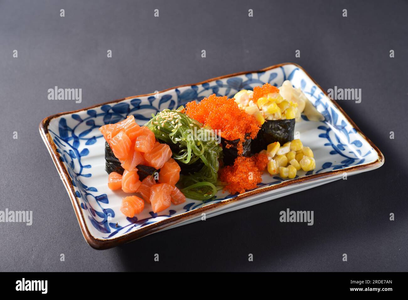 Assorted Salmon, fish roe, seaweed, corn kernels Gunkan sushi, Japanese ...