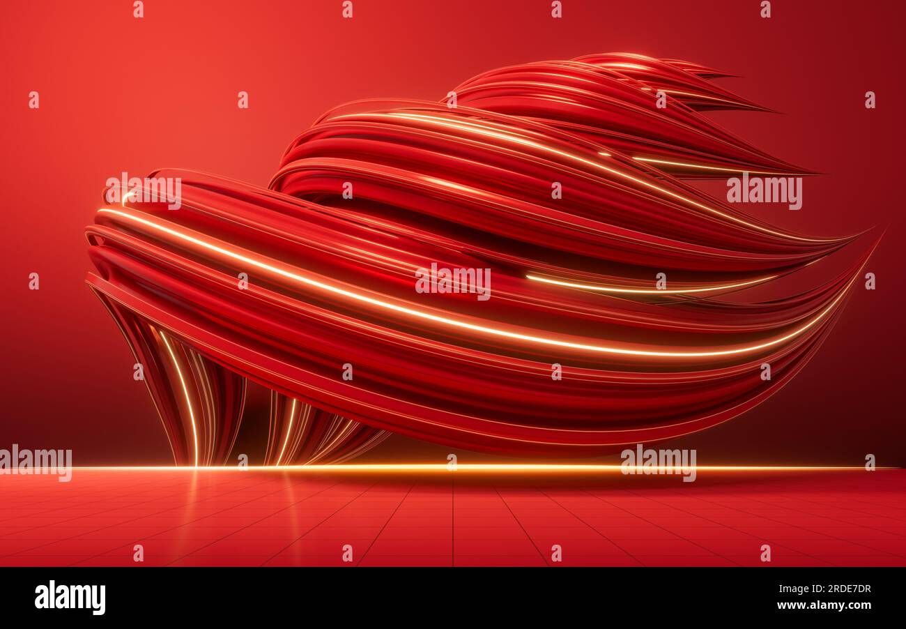 Flowing red geometry lines with ground, 3d rendering. Digital drawing ...