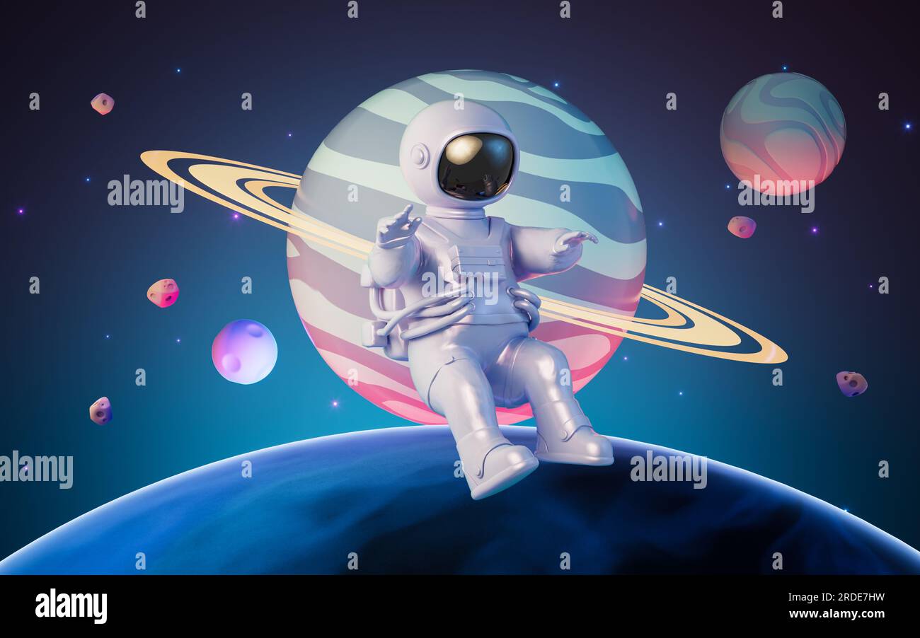 Cartoon spaceman with outer space background, 3d rendering. Digital ...
