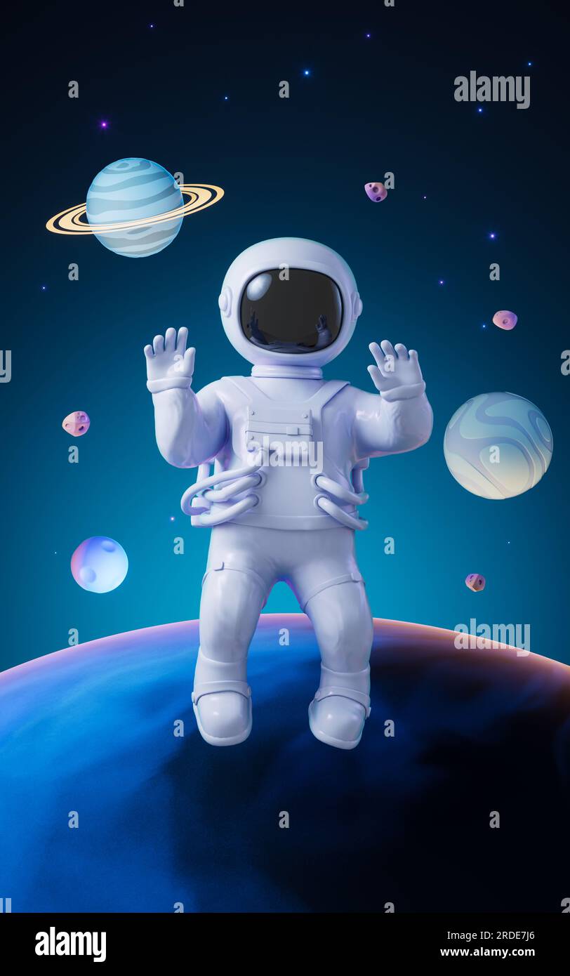 Cartoon spaceman with outer space background, 3d rendering. Digital ...