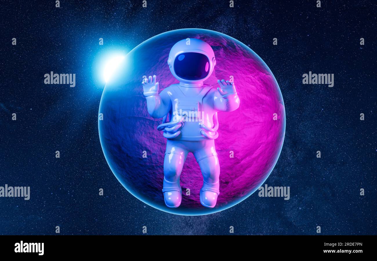 Cartoon spaceman with outer space background, 3d rendering. Digital ...