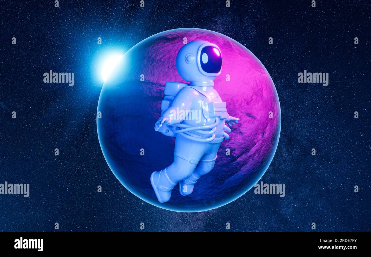 Cartoon spaceman with outer space background, 3d rendering. Digital ...