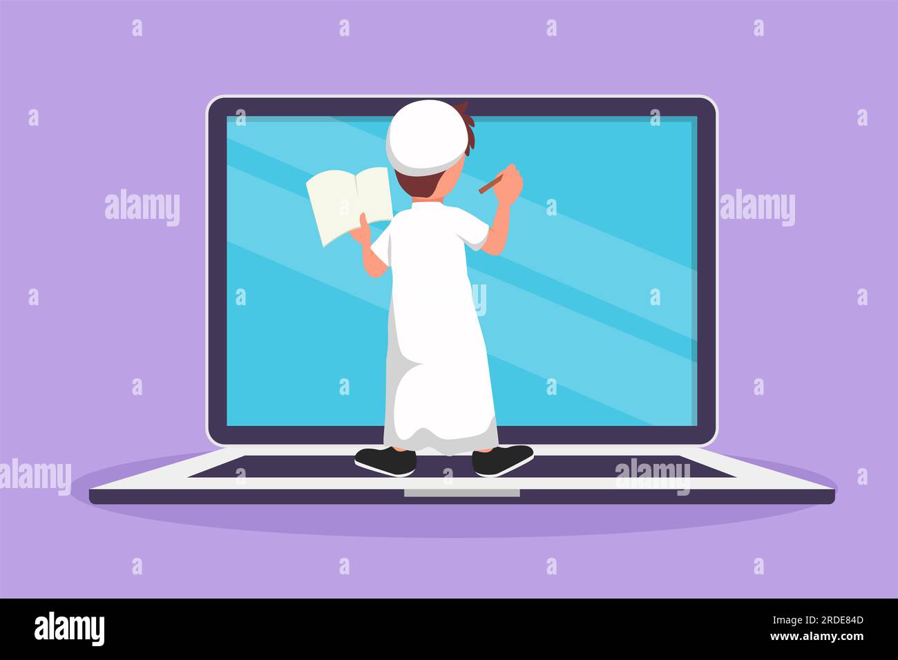 Character flat drawing back view of pre schooler boy student writing on ...