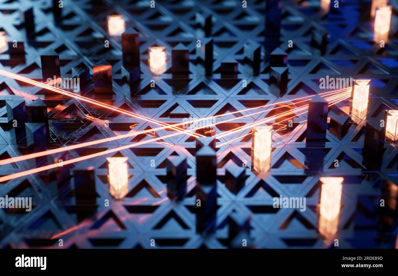 Digital circuit board with glowing neon lines, 3d rendering. Digital ...