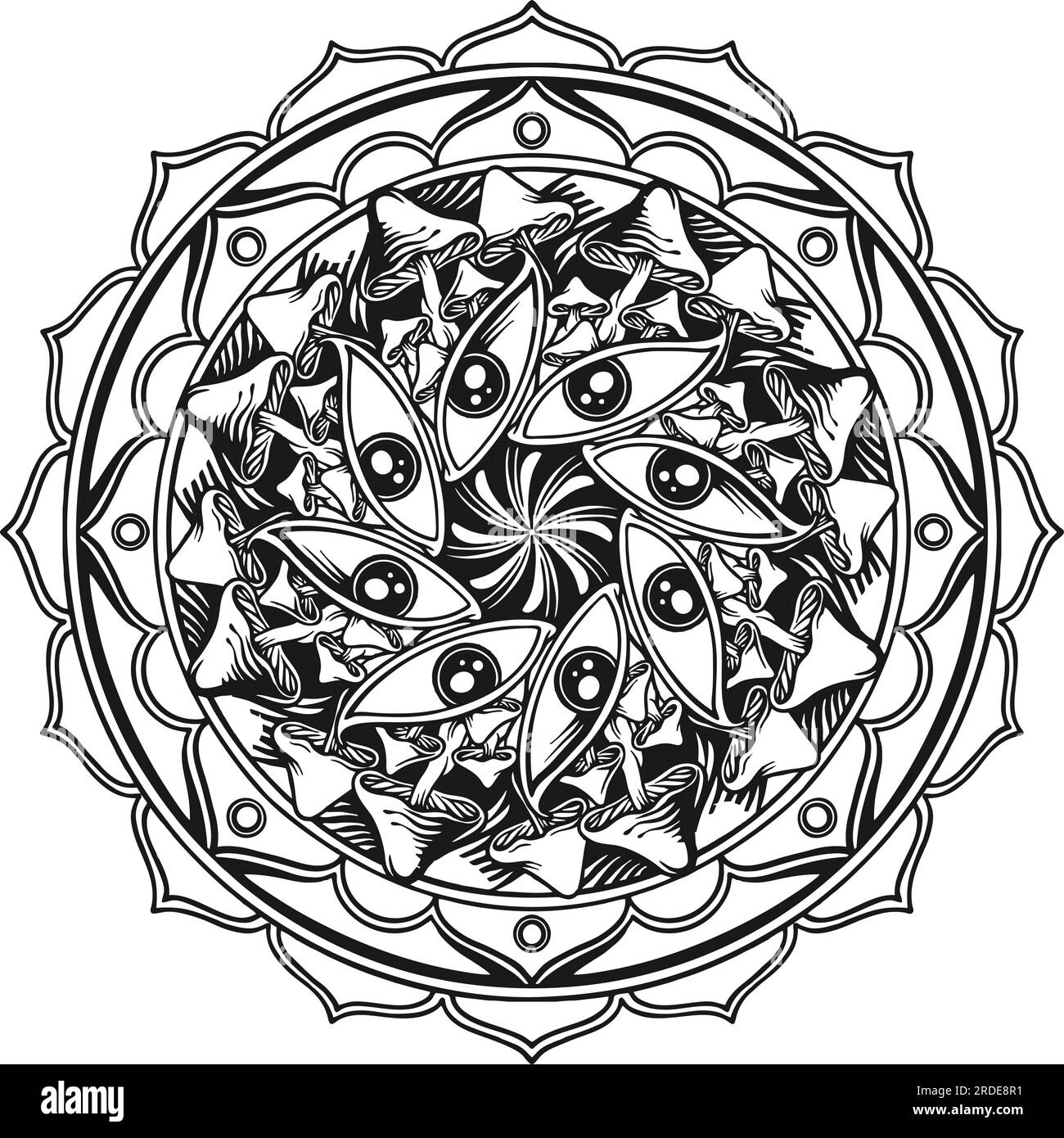 Mystical journey psychedelic mushroom mandala ornament outline vector ...