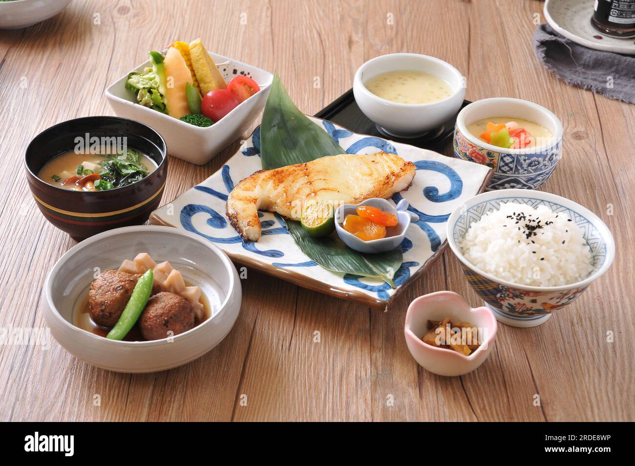 Salt Grilled Cod fish set, Japanese teishoku,set lunch Stock Photo - Alamy