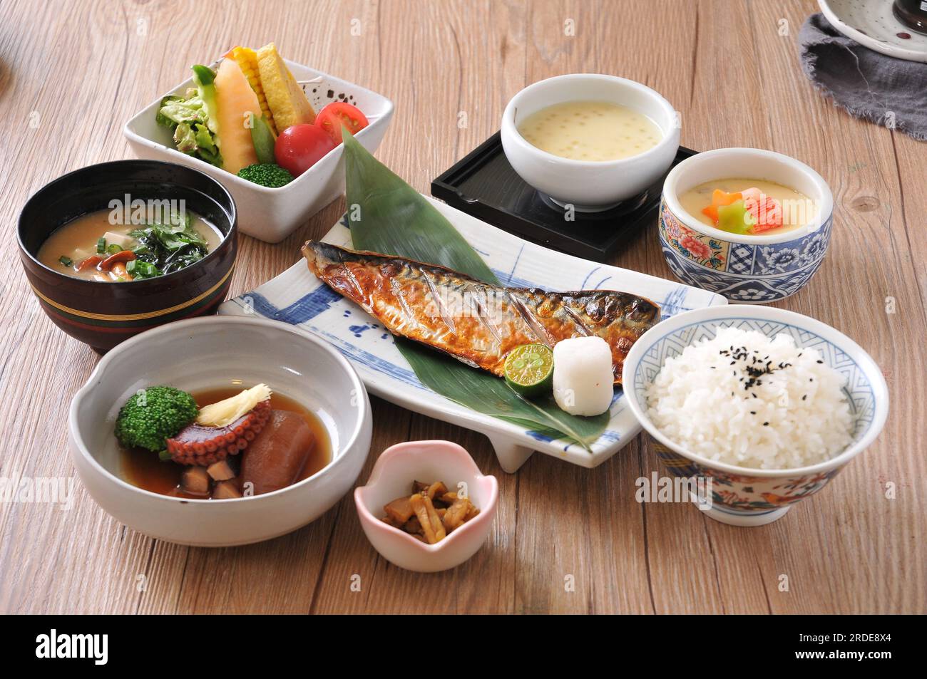 Roasted Salt Grilled Mackerel set,Japanese teishoku,set lunch Stock ...