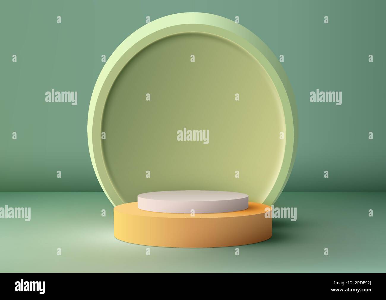 3D realistic yellow and white podium steps stand with soft green oval ...