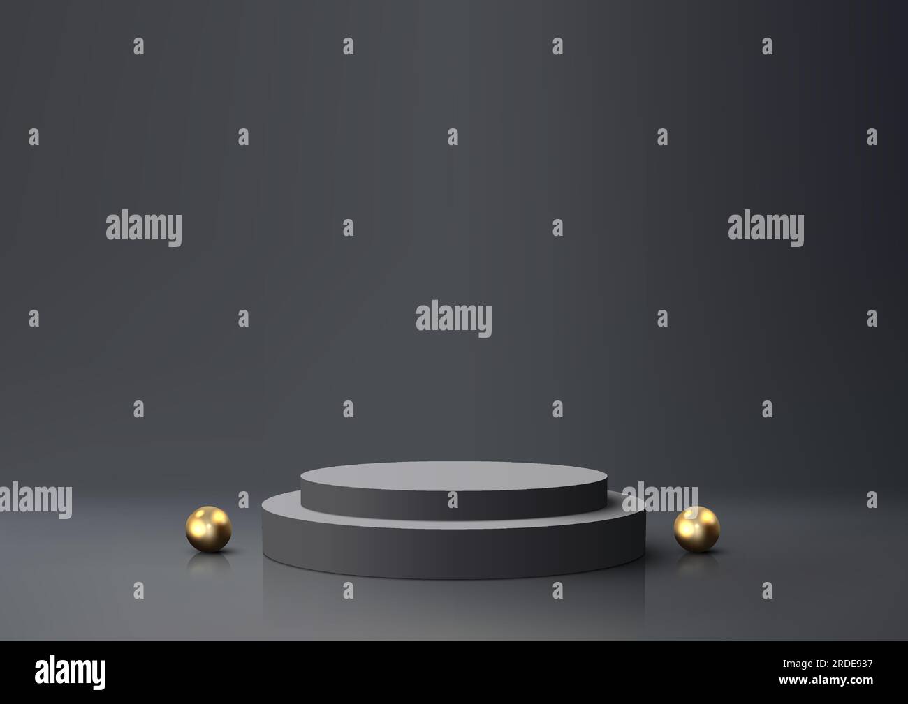 3D realistic black and gray podium is decorated with golden balls on a ...