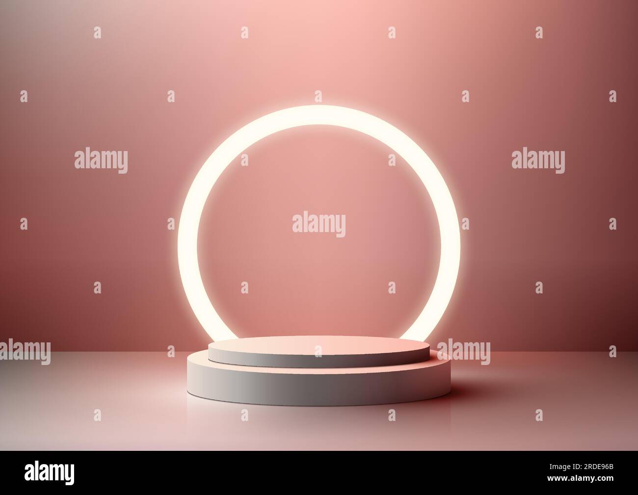 This 3D realistic beige podium stand with neon light circle backdrop is ...