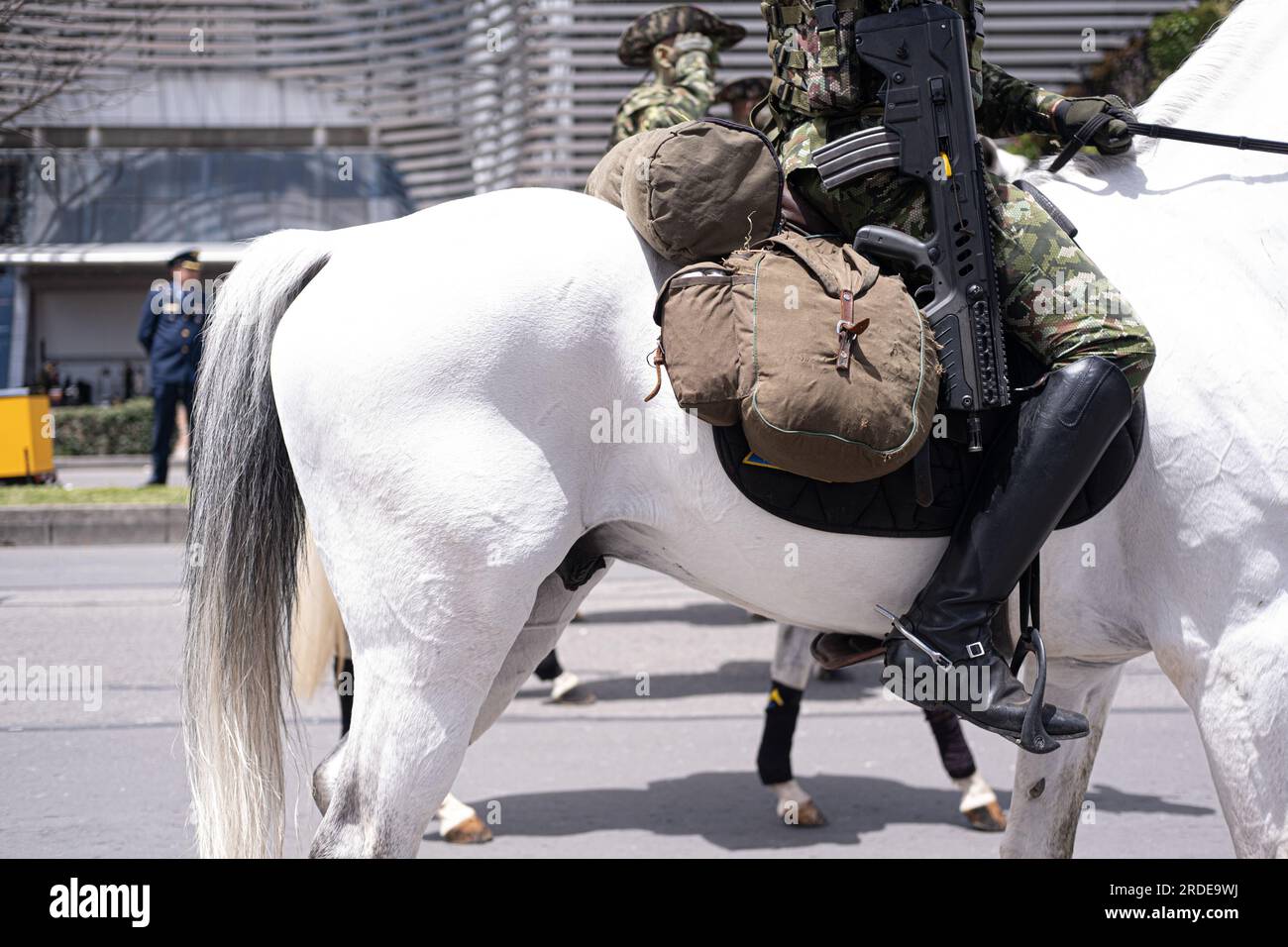 Bogota, Colombia. 20th July, 2023. A colombian army soldier rides a ...